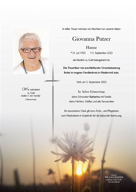 Giovanna Putzer Aus Vintl Trauerhilfe It Das Südtiroler Gedenkportal
