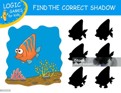 올바른 그림자 산호 물고기를 찾을 수 있습니다 화려한 배경에 귀여운 만화 열대 물고기 재미있는 캐릭터와 교육 매칭 게임 아이를