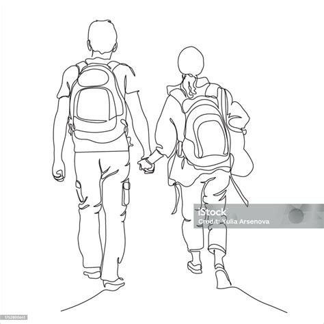 배낭을 메고 손을 잡고 걸어가는 커플 관광 개념입니다 뒷모습 한 줄 그리기 라인 아트 스타일의 흑백 벡터 그림입니다 걷기에 대한