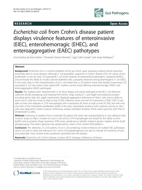 Pdf Escherichia Coli From Crohns Disease Patient Displays Virulence Features Of