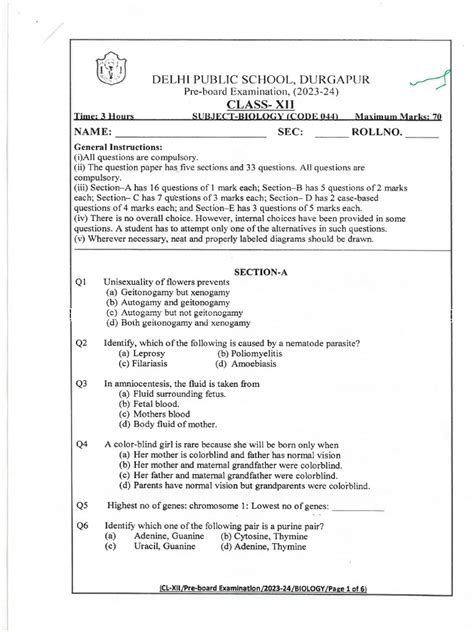 Class 12 Pre Board Exam Biology 2023 24 Pdf