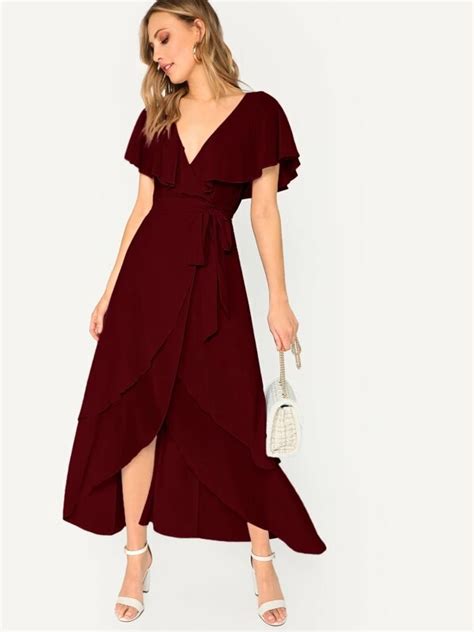 Shein Ruffle Foldover Self Belted Wrap Layered Asymmetrical Hem Dress