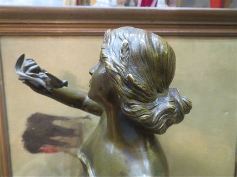 Proantic Bronze Sculpture Young Girl And The Bird By Julien Causse On