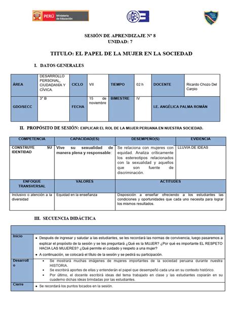 Sesión De Aprendizaje 9 Unidad 7 Dpcc Pdf Mujer Evaluación