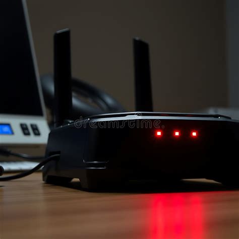 A Router On A Desk With A Close Up Of The Led Indicators Glowing In The