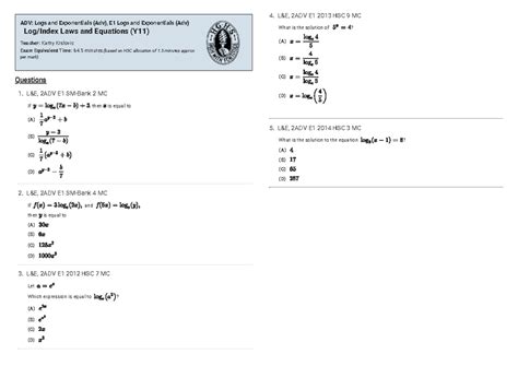 Year Review Of Log And Index Laws And Equations L E ADV E SM Bank MC L E Studocu