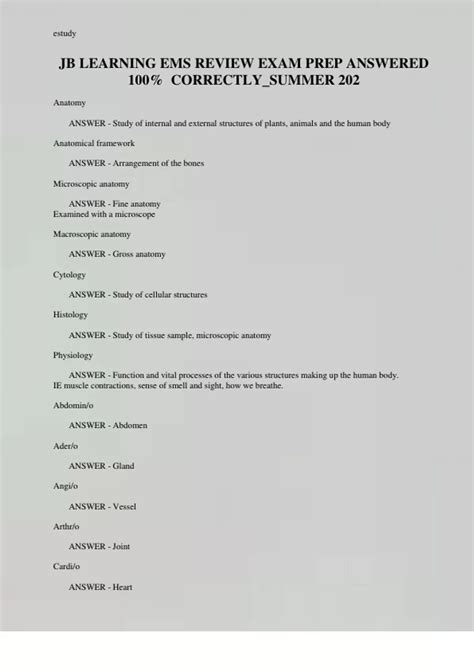 JB LEARNING EMS REVIEW EXAM PREP ANSWERED CORRECTLY SUMMER JB LEARNING EMS Stuvia US