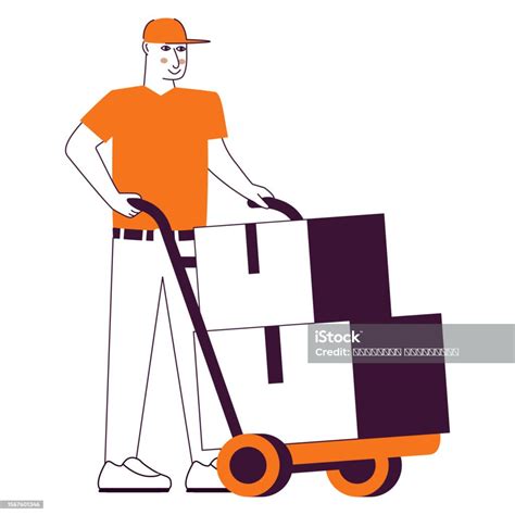 배달원은 골판지 상자를 굴립니다 트롤리 푸시 카트 택배 소포 메탈릭 핸드 트럭 교통수단에 대한 스톡 벡터 아트 및 기타 이미지 교통수단 나름 남자 Istock
