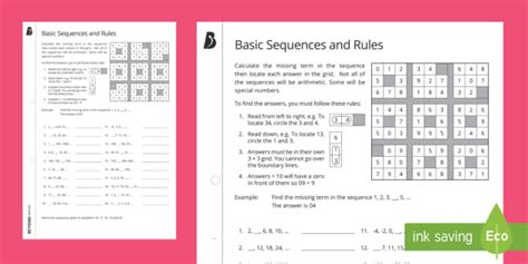 Number Grid Basic Sequences And Rules Worksheet