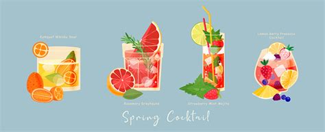 봄 칵테일 벡터 세트 레몬 베리 프로 세코 민트 모히토 로즈마리 자몽 쿰콰트 위스키와 함께 여름 열대 네 잔 파티에 필요한 모든 것 칵테일에 대한 스톡 벡터 아트 및 기타