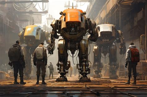 Premium Ai Image A Crowd Gathering Around A Massive Robotic Sculpture In A Public Space