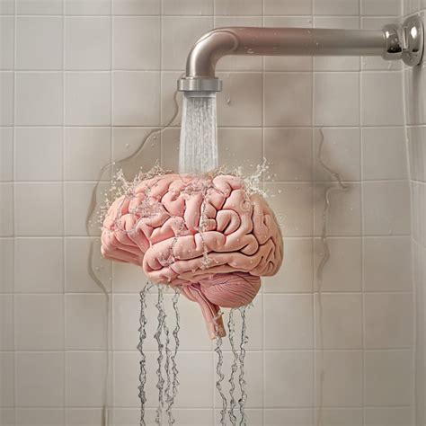 Human Brain Under A Running Water In A Tiled Bathroom Concept Of