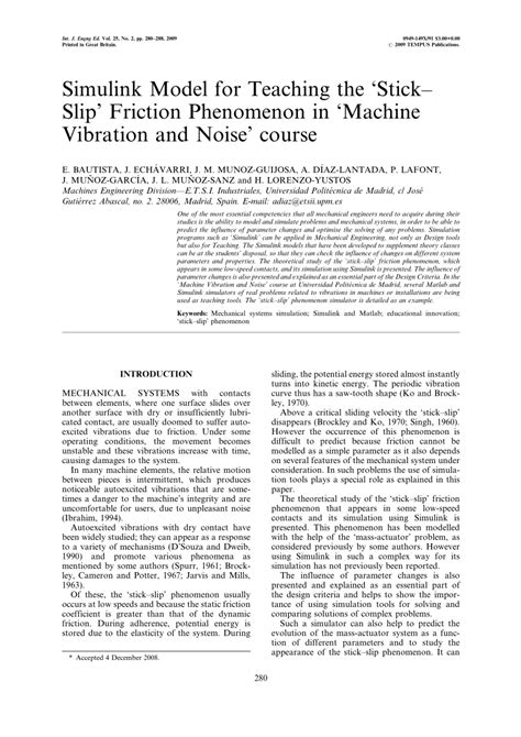 Pdf Simulink Model For Teaching The Stick Slip Friction Phenomenon In Machine Vibration And