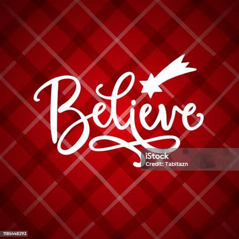 손 글자를 믿으십시오 타탄 빨간 체크 무늬 위에 손으로 그려진 떨어지는 별 혜성과 흰색 텍스트와 크리스마스 인사말 카드 초대장 겨울 벡터 서예 일러스트 배경입니다