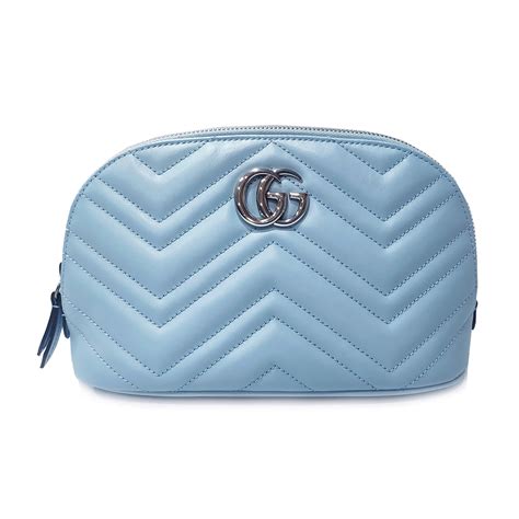 【gucci 古馳】625690 經典gg Marmont系列絎縫皮革銀色logo化妝包手拿包天藍色 其他皮件 Yahoo奇摩購物中心