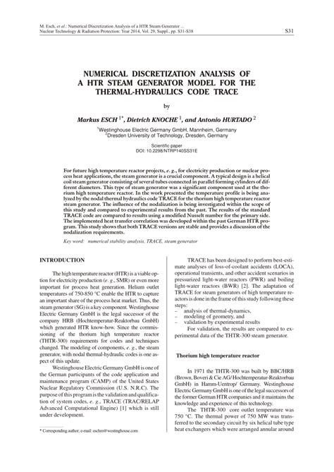 Pdf Numerical Discretization Analysis Of A Htr Steam Generator Model For The Thermal