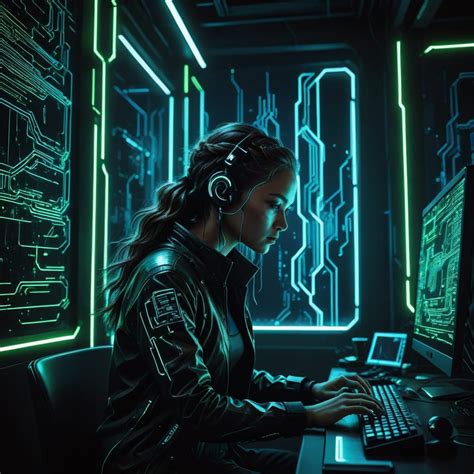 Coding The Matrix Cyberpunk Woman Coding In Neon Noir Futu