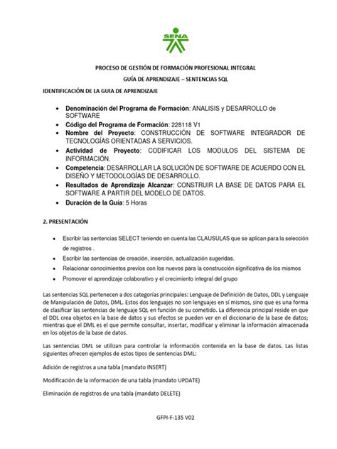 Guia De Aprendizaje Sentencias Sql Pdf Sql Bases De Datos