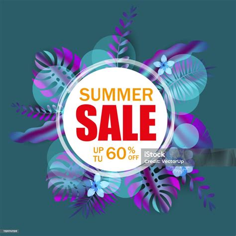 여름 판매 배너 야자수 잎 정글 잎 그라데이션 홀로그램 포스터 꽃 열대 여름 배경입니다 벡터 일러스트 템플릿 가격에 대한 스톡 벡터 아트 및 기타 이미지 Istock
