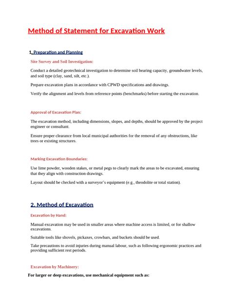 Method Of Statement For Excavation Work Pdf