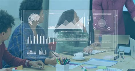 animation of graphs globe loading bars over diverse manager explaining strategy to coworkers
