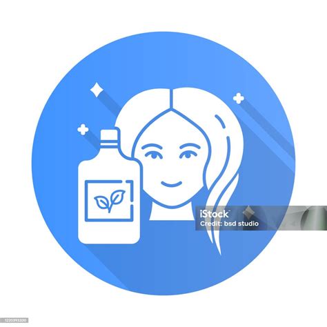 내츄럴 샴푸 보틀 블루 플랫 디자인 롱 섀도우 글리프 아이콘 Sls 파라벤 무료 헤어 케어 제품 위생 저자극성 식물 기반 유기 화장품 벡터 실루엣 일러스트레이션 개념에 대한