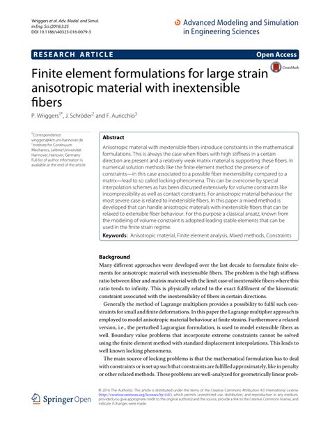 Pdf Finite Element Formulations For Large Strain Anisotropic Material With Inextensible Fibers