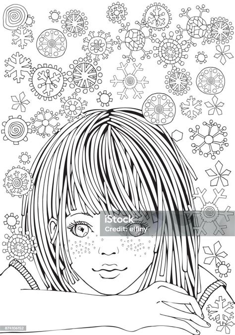 귀여운 소녀입니다 도 서 페이지를 색칠 하는 성인을 위한 패턴입니다 겨울 눈송이입니다 밑그림입니다 손으로 그린 벡터 일러스트입니다 낙서 패턴입니다 십대에 대한 스톡 벡터