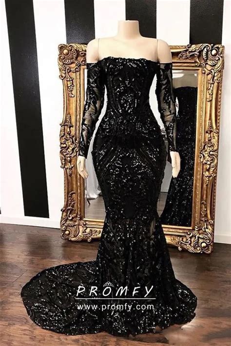 Black Sequin Off The Shoulder Long Sleeve Prom Gown Promfy