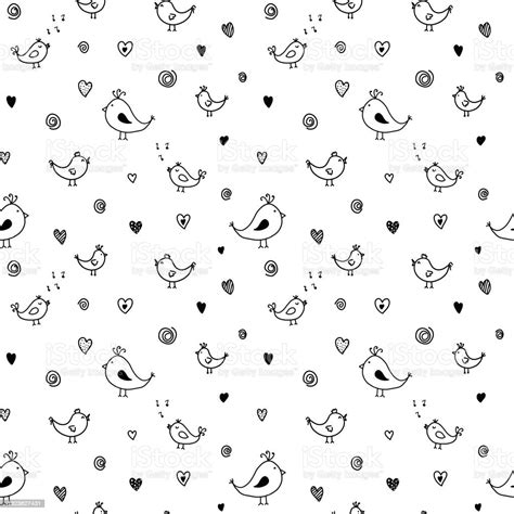 자연 테마와 흑백 선형 원활한 패턴 귀여운 새와 하트는 낙서 스타일로 손으로 그린 직물 종이 의류 및 기타 품목에 대한 준비 디자인 검은색에 대한 스톡 벡터 아트 및 기타