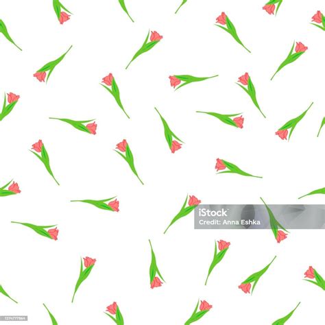 잎이 있는 매끄러운 패턴의 꽃 흰색 배경에 핑크 튤립 식물성 유기농 스프링 허브 카드와 라벨 책 배너를 위해 낙서 컬렉션에 손으로 그린 0명에 대한 스톡 벡터 아트 및 기타