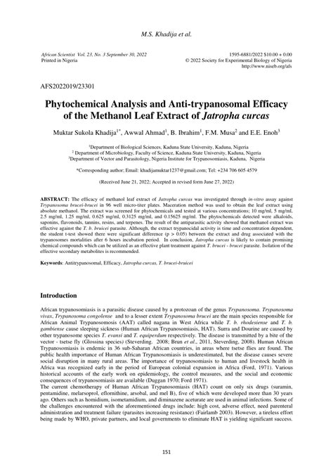 Pdf Phytochemical Analysis And Anti Trypanosomal Efficacy Of The Methanol Leaf Extract Of