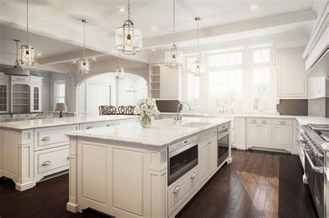 White And Brown Kitchen With Two Islands Transitional Kitchen