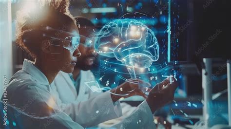 Doctors Working On Vfx Hologram Of Human Brain And Nervous System In Modern Laboratory