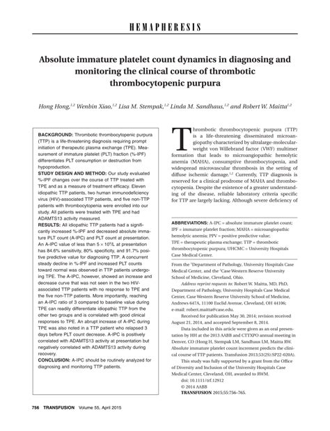 Pdf Absolute Immature Platelet Count Dynamics In Diagnosing And