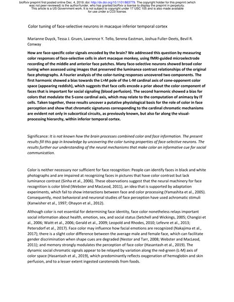 Pdf Color Tuning Of Face Selective Neurons In Cells In Macaque Inferior Temporal Cortex