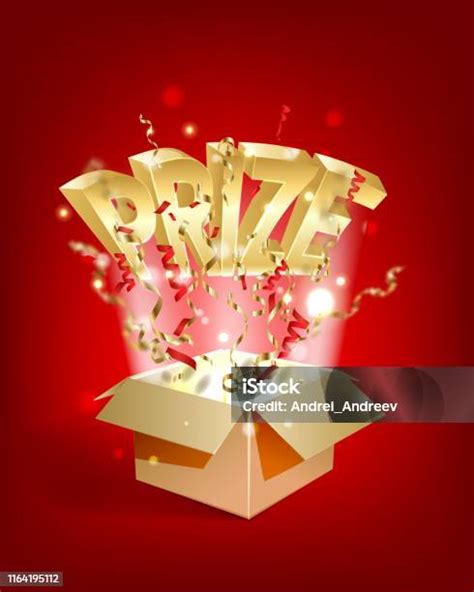 상금 골드 텍스트 내부에 색종이 폭발과 황금 우승 단어와 오픈 텍스처 상자 빨간색 배경에 기프트 박스 벡터 그림에서 파티클 을