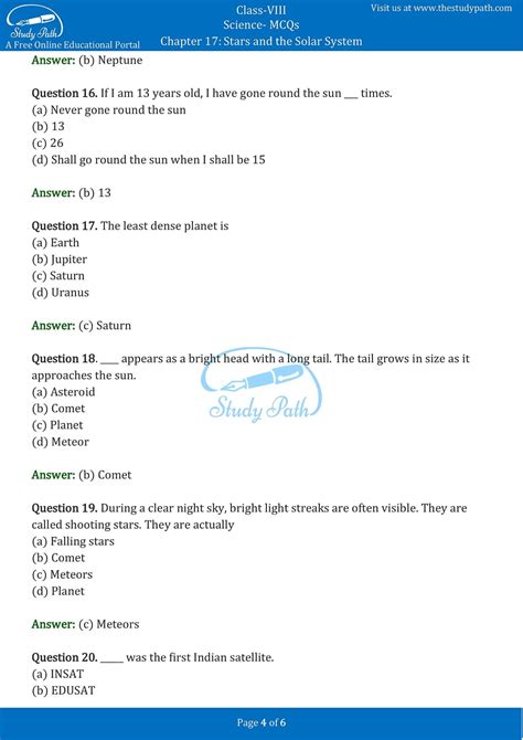 Class 8 Science Chapter 17 Stars And The Solar System Mcq With Answers