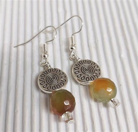 Pretty Silver Spiral Disc And Peacock Agate Silver Tone Drop Earrings