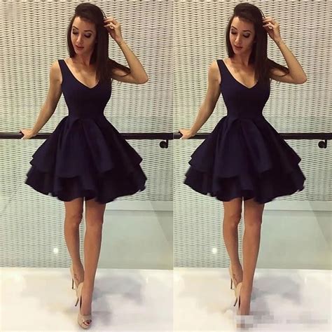 Little Black Cocktail Dresses Deep V Neck Satin Party Dress Affordable