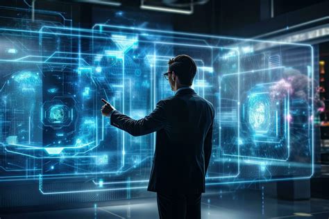 Back View Of Businessman Touching Hologram Screen With Finger Mixed Media A Person Using Ai