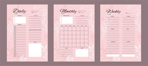 일간 주간 월간 플래너 인쇄 가능한 템플릿 벡터 빈 인쇄용 세로 노트북 페이지 세트 프리미엄 벡터