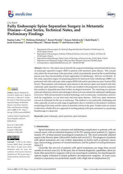 Pdf Fully Endoscopic Spine Separation Surgery In Metastatic Disease—case Series Technical