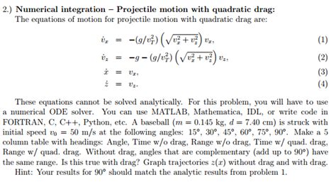 Solved Numerical Integration Projectile Motion With