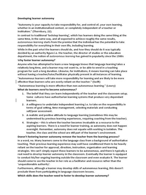 Developing Learner Autonomy Pdf Teachers Learning