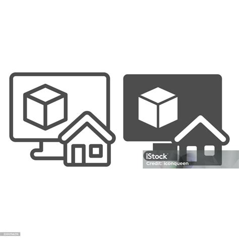 3d 정사각형과 집 선과 단단한 아이콘 건축가 스튜디오 개념이있는 모니터 벡터 그래픽입니다 흰색 배경에 3d 건물 프로그램 표시로 표시 모바일 또는 웹 디자인을위한 개요