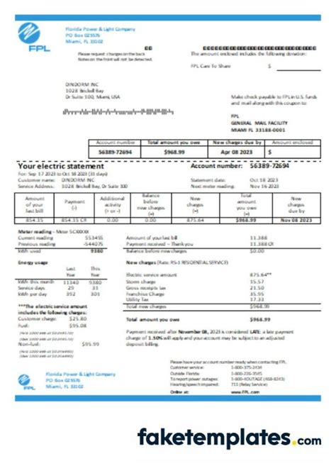 Fake Florida Power And Light Company Fpl Electricity Utility Business Bill Download Word And