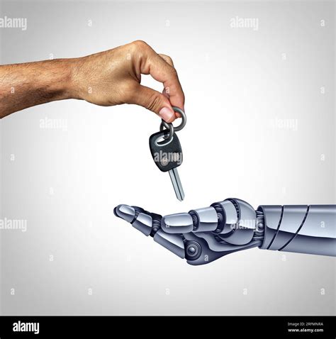 Robotic Self Driving And Robot Driver As A Human Handing Over The Keys To A Self Driving