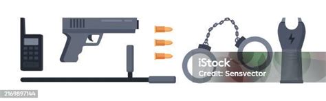 경찰 장비 또는 보안관 아이템 세트 벡터 절연 총 및 수갑 워키 토키 및 지휘봉 또는 곤봉 테이저 건 및 총알 보안 및 보호 장교 직업 법 집행 항목 Criminal