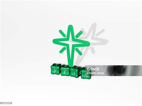 개념 의미와 슬라이드 쇼 프리젠 테이션을위해 거울 바닥에 금속 입방 문자로 배열 된 벽에 아이콘과 텍스트와 별의 3d 표현